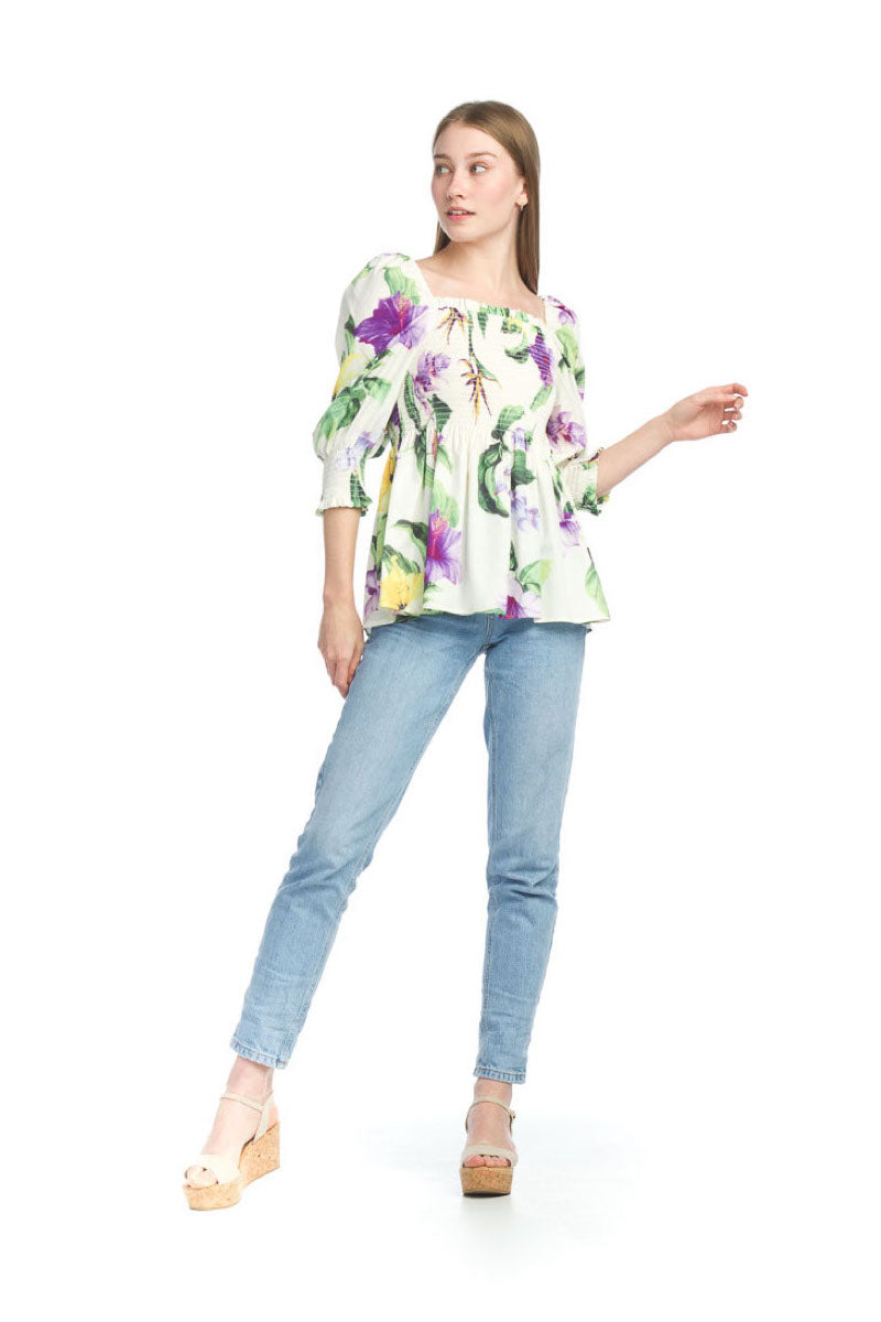 CREAM Floral Cropped Smocked OTS Blouse – PAPILLON CLOTHING